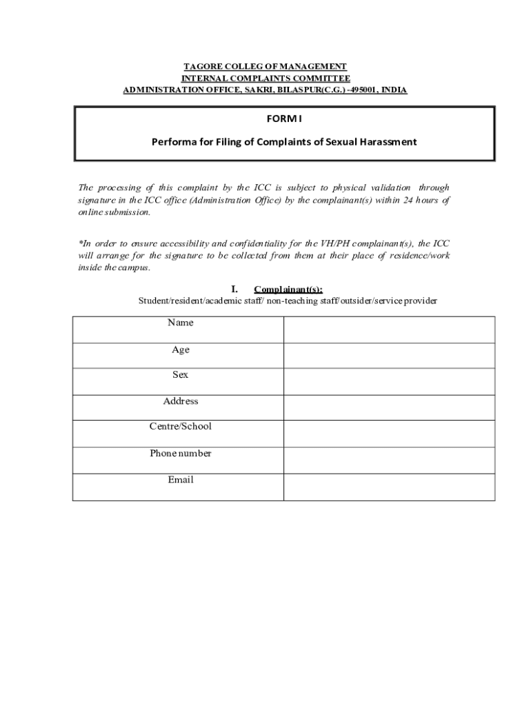 Fillable Online FORM I Performa for Filing of Complaints of Sexual ...
