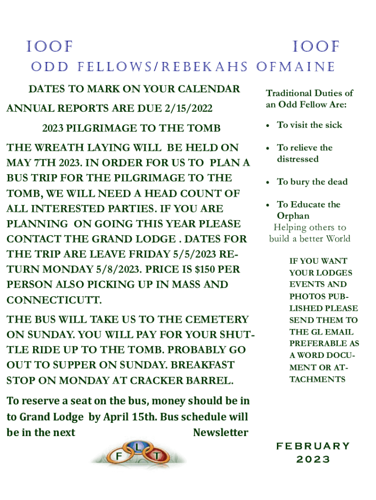 Fillable Online odd fellows/rebekahs ofmaine - dates to mark on your ...