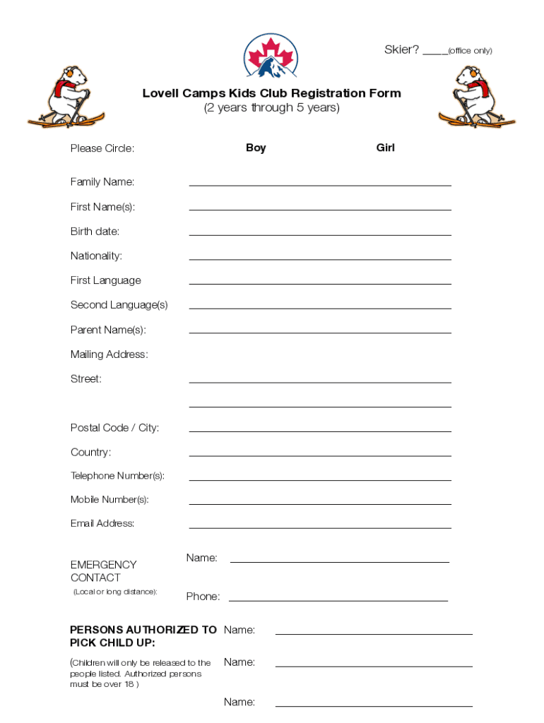 Fillable Online Lovell Camps Kids Club Registration Form (2 ... Fax ...