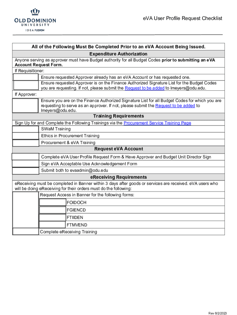 Fillable Online eVA User Profile Request Checklist Fax Email Print ...