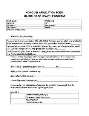 Fillable Online HONOURS APPLICATION FORM Bachelor of Health Program ...