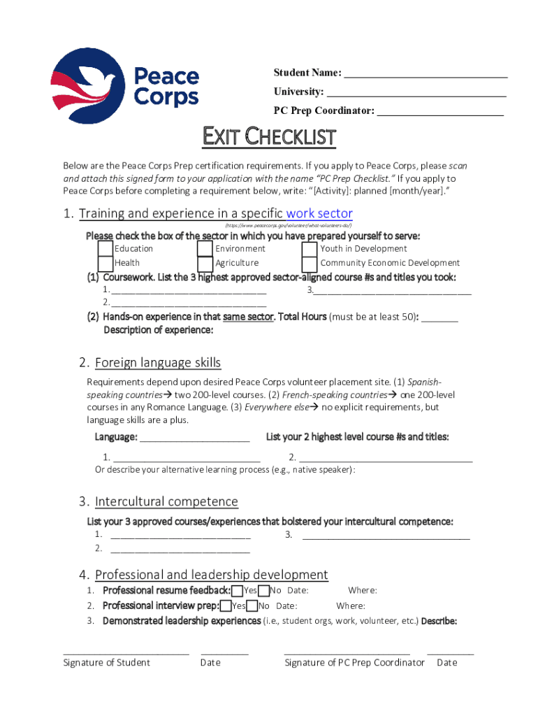 Fillable Online 1 Below are the Peace Corps Prep certification ...