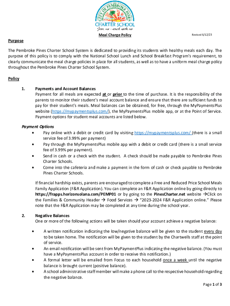 Fillable Online Food Service Meal Charge Policy Fax Email Print - pdfFiller