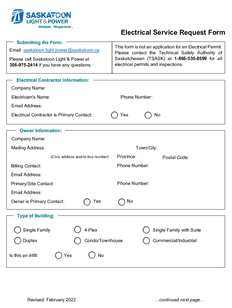 Fillable Online New or Upgraded Electrical ServiceSaskatoon.ca Fax ...