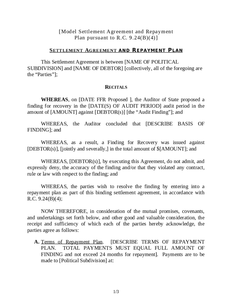 Settlement Agreement and Repayment Plan Doc Template | pdfFiller