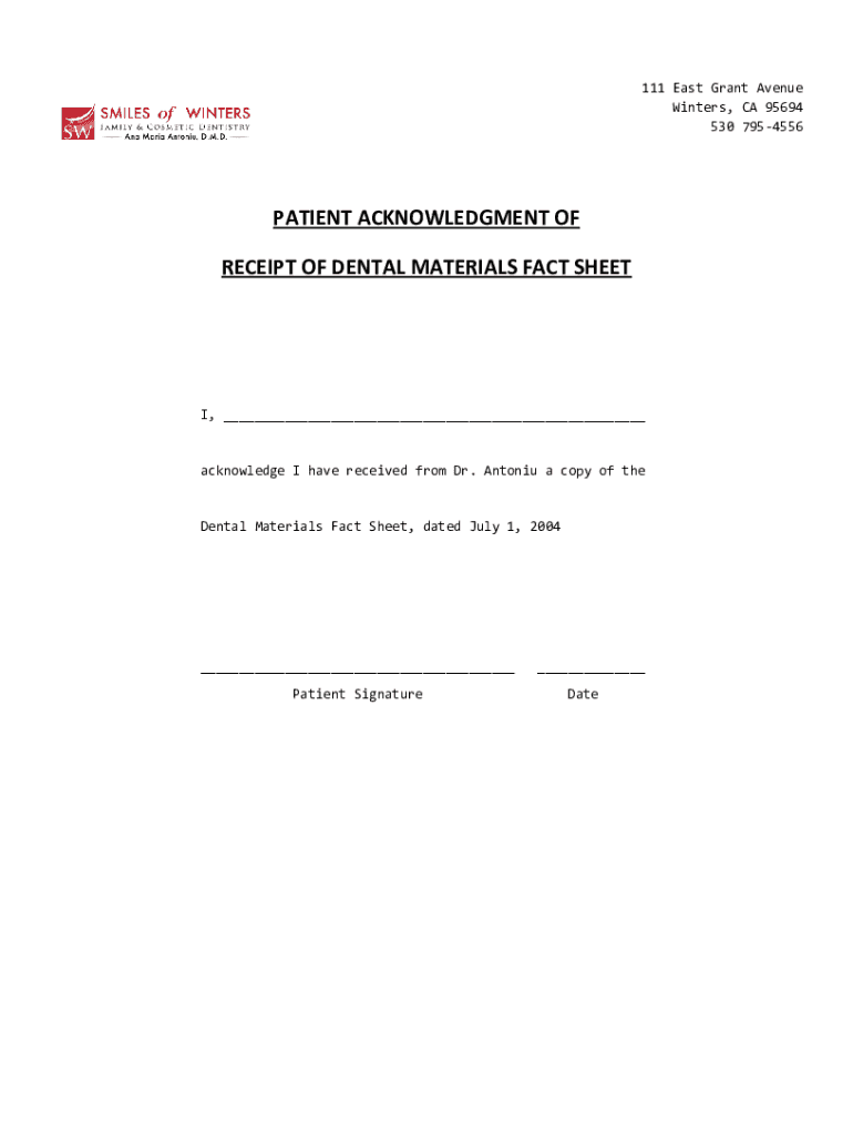 Fillable Online Patient Acknowledgement Form Receipt of Dental ... Fax Email Print - pdfFiller