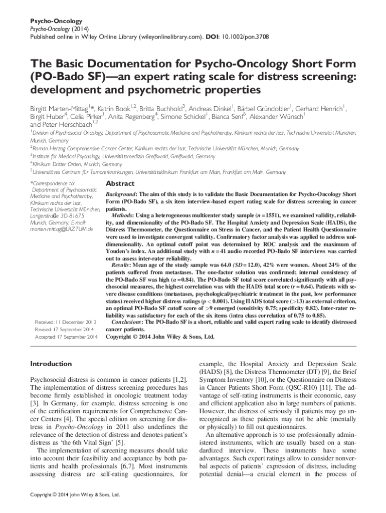 Fillable Online The Basic Documentation for Psycho-Oncology Short Form ... Fax Email Print ...