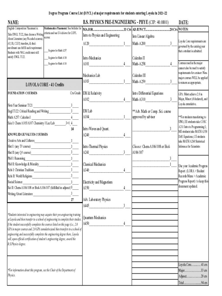Fillable Online DATE: B.S. PHYSICS PRE-ENGINEERING - PHYE/PHYS. ... Fax Email Print - pdfFiller