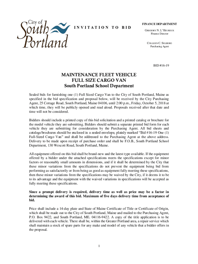 Fillable Online MAINTENANCE FLEET VEHICLE FULL SIZE CARGO VAN South ... Fax Email Print - pdfFiller