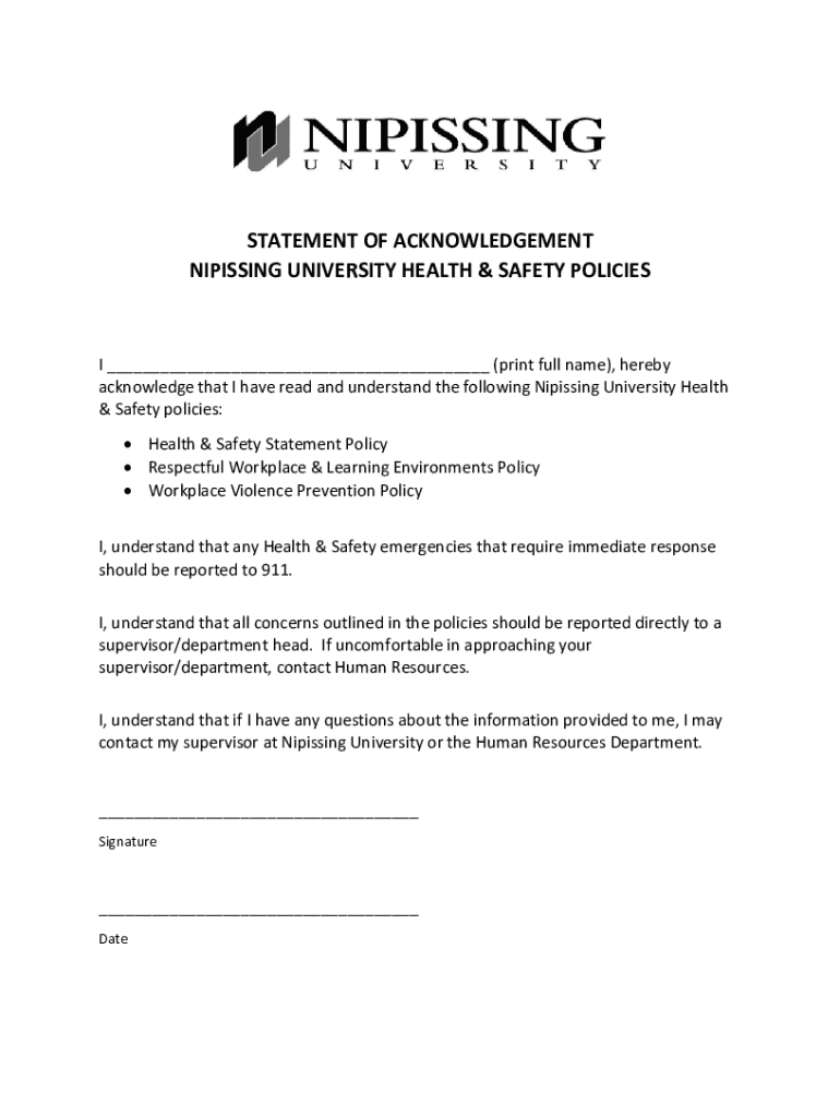 Fillable Online STATEMENT OF ACKNOWLEDGEMENT NIPISSING ... Fax Email Print - pdfFiller