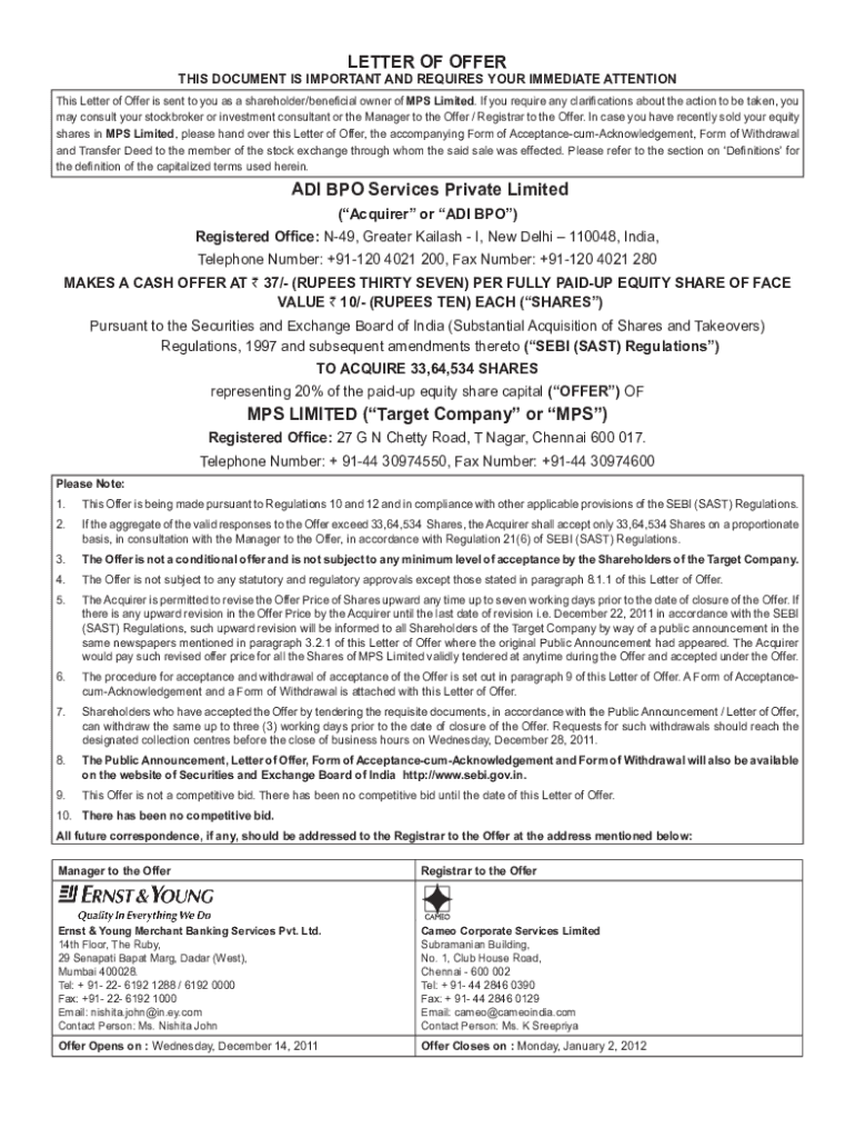 Fillable Online LETTER OF OFFER ADI BPO Services Private Limited ...