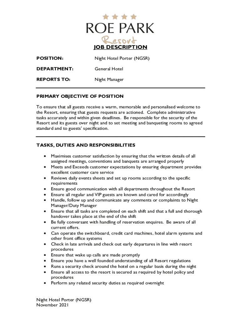 Fillable Online Night Porter JOB DESCRIPTION POSITION Fax Email Print Fillable Online Night Porter JOB DESCRIPTION POSITION Fax Email Print