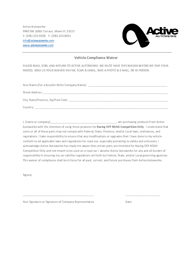 Fillable Online Vehicle Compliance Waiver - Products - Active Autowerke ...