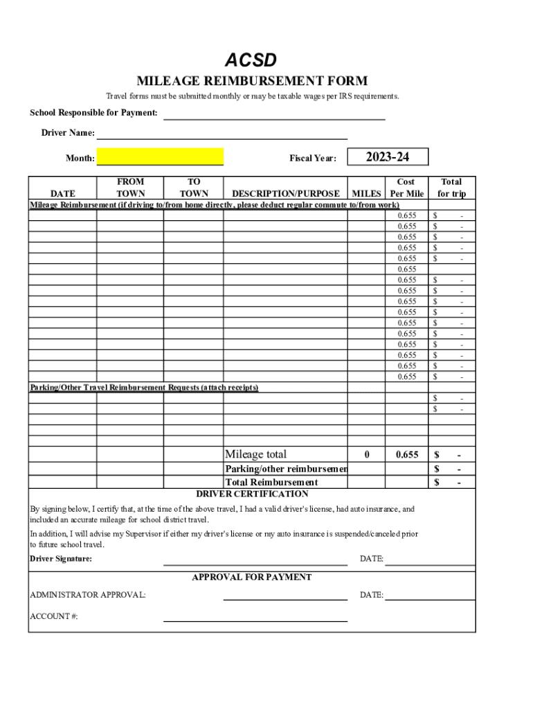 Fillable Online Mileage Reimbursement Form FY24.xlsx Fax Email Print - pdfFiller
