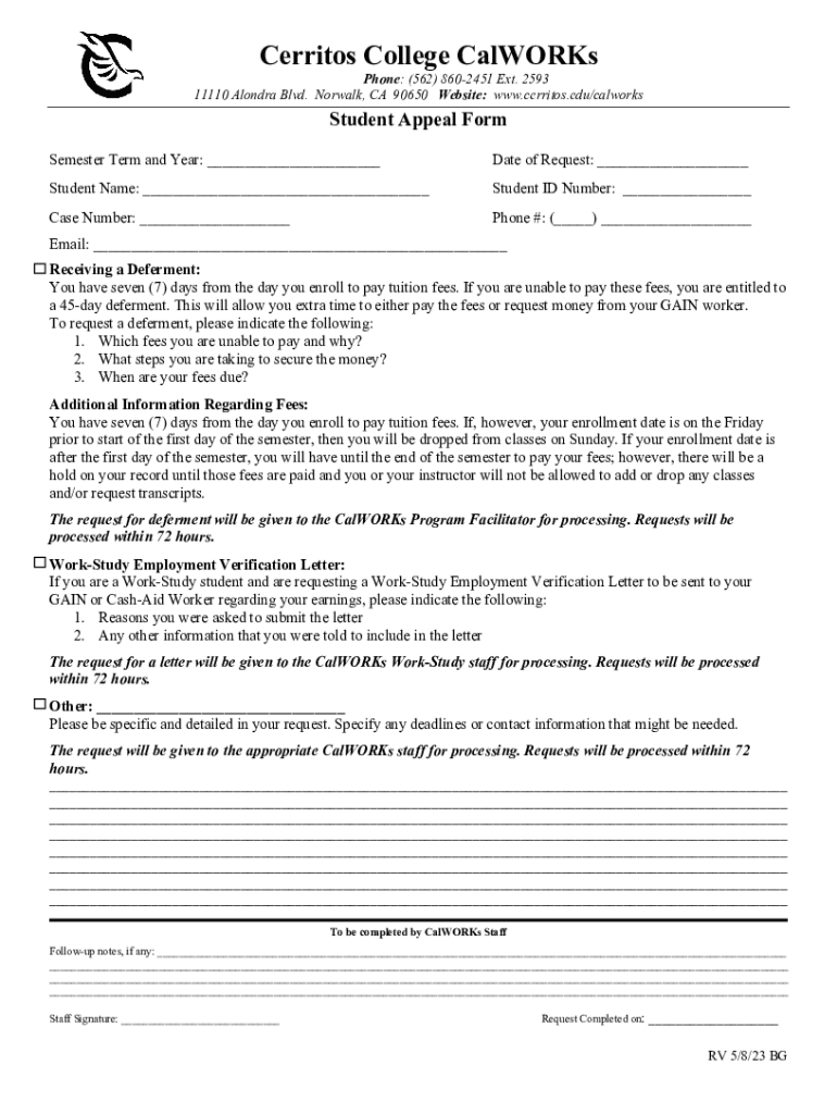 Fillable Online Cerritos College CalWORKs - Student Appeal Form ...