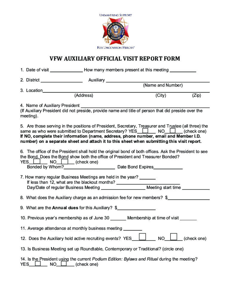 Fillable Online VFW AUXILIARY OFFICIAL VISIT REPORT Doc Template Fax ...