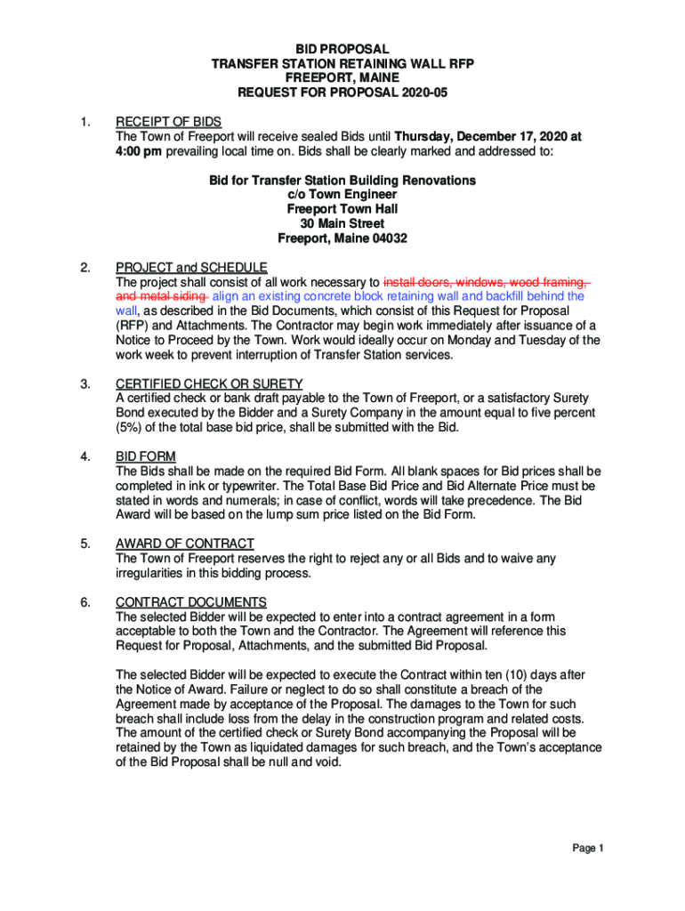 Fillable Online bid proposal transfer station retaining wall rfp ...