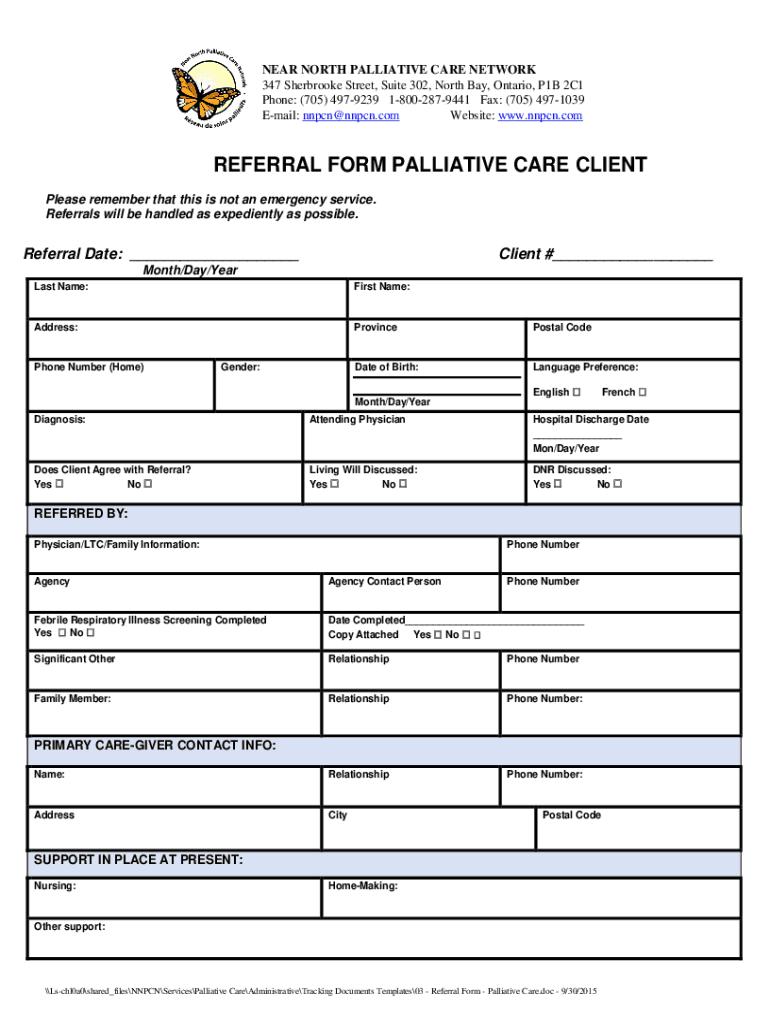 Fillable Online NEAR NORTH PALLIATIVE CARE NETWORK Fax Email Print ...