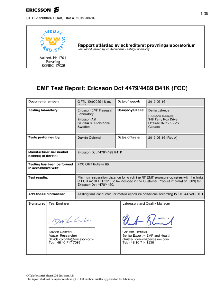 Fillable Online EMF Test Report: Ericsson Dot 4479/4489 B41K (FCC) Fax ...
