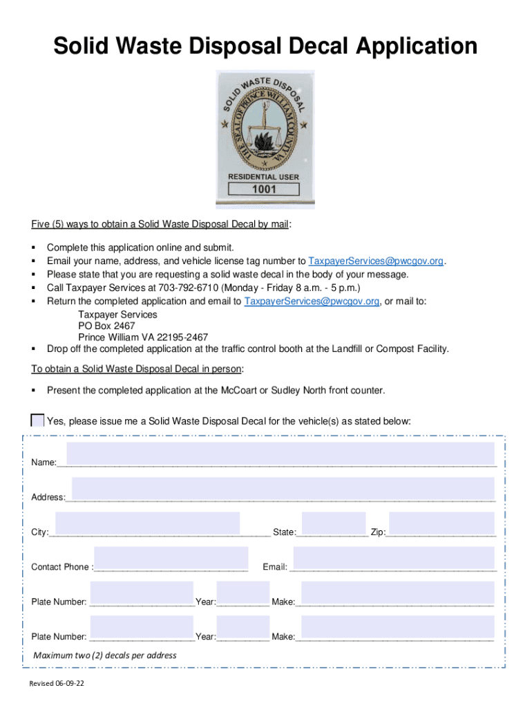 Fillable Online Solid Waste Disposal Decal Application Fax Email Print ...