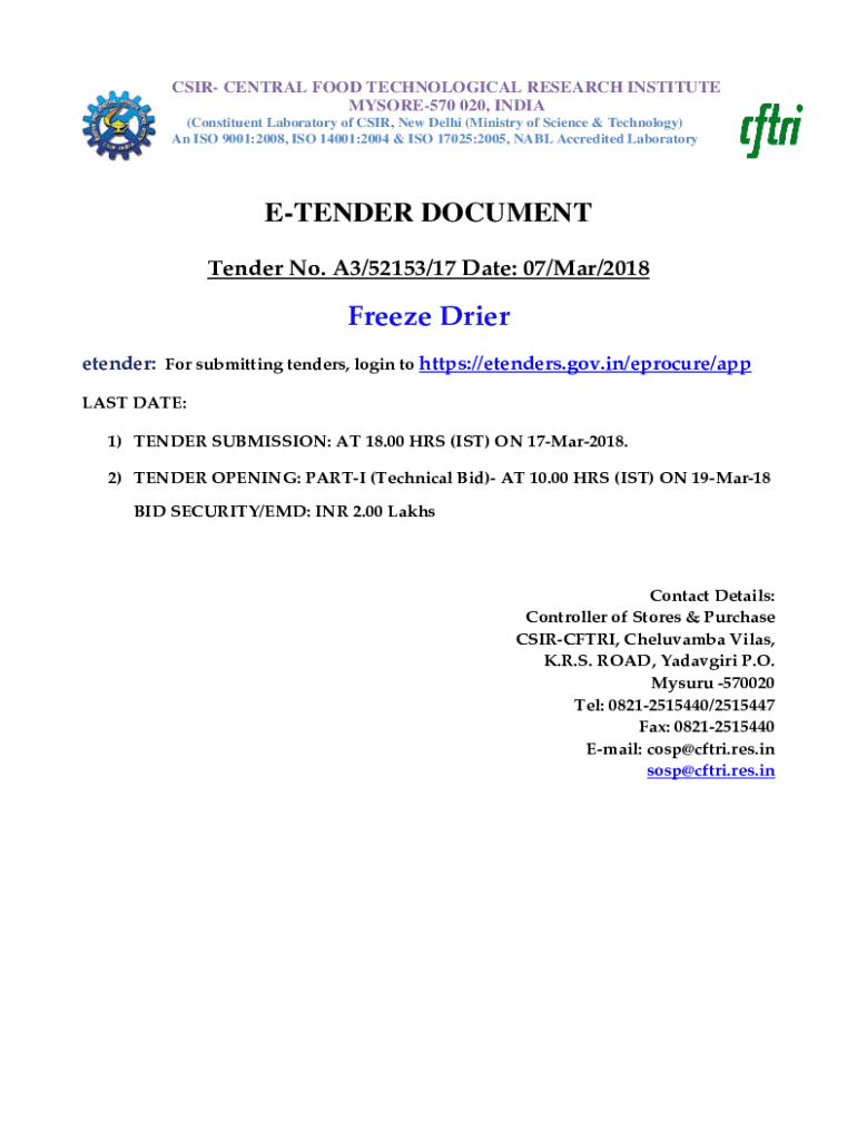 Fillable Online E-TENDER DOCUMENT Freeze Drier Fax Email Print - pdfFiller
