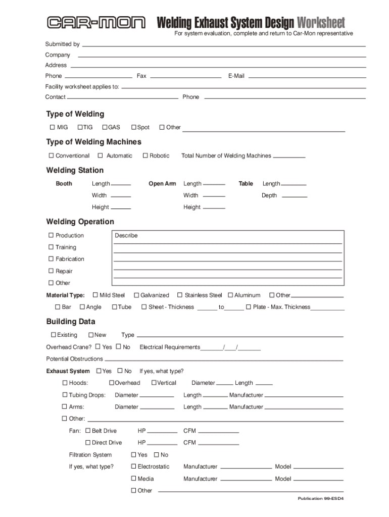 Fillable Online Welding Exhaust System Design Worksheet Fax Email Print ...