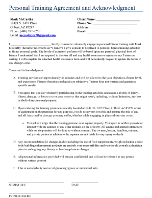 Fillable Online Personal Training Agreement and Acknowledgment Fax ...