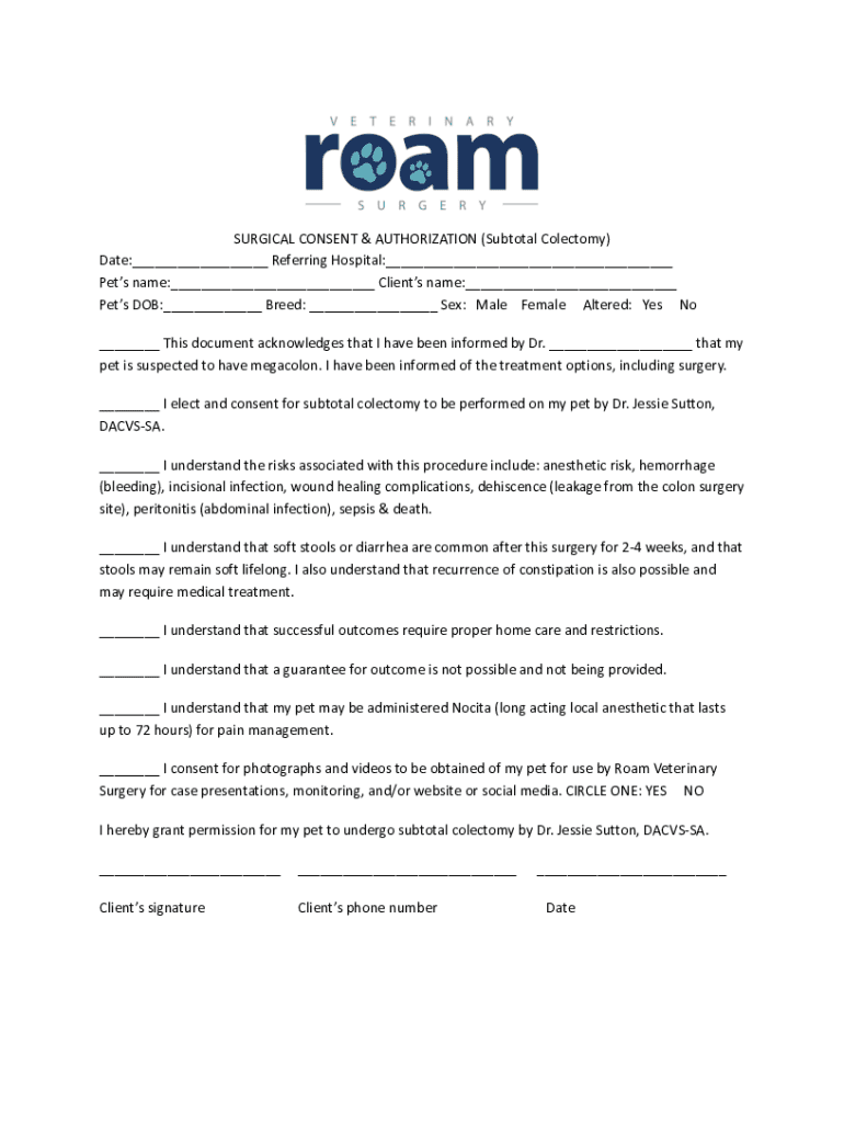 Fillable Online SURGICAL CONSENT & AUTHORIZATION (Subtotal Colectomy).pdf Fax Email Print ...