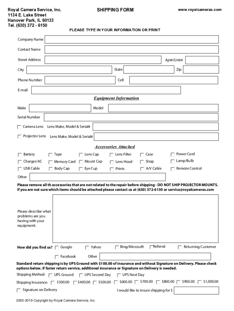 Fillable Online SHIPPING FORM Equipment Information Accessories ...