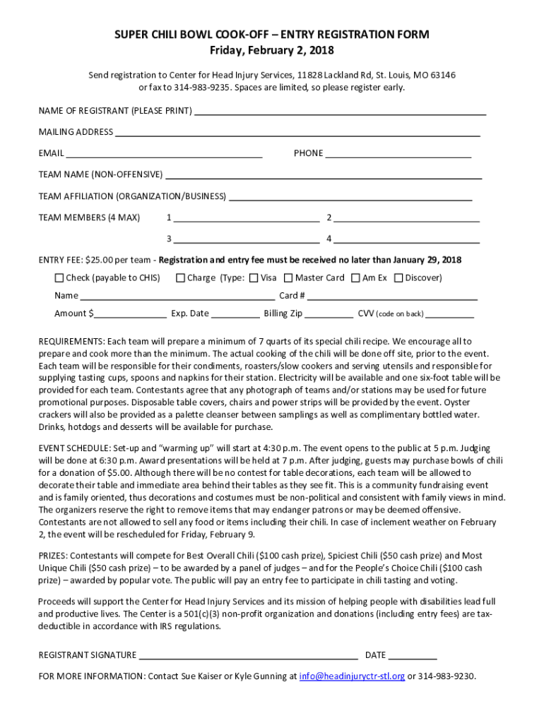 Fillable Online super chili bowl cook-offentry registration form Fax Email Print - pdfFiller