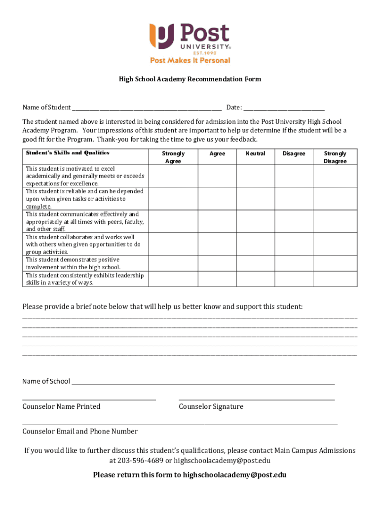 Fillable Online High School Academy Recommendation Form Fax Email Print ...
