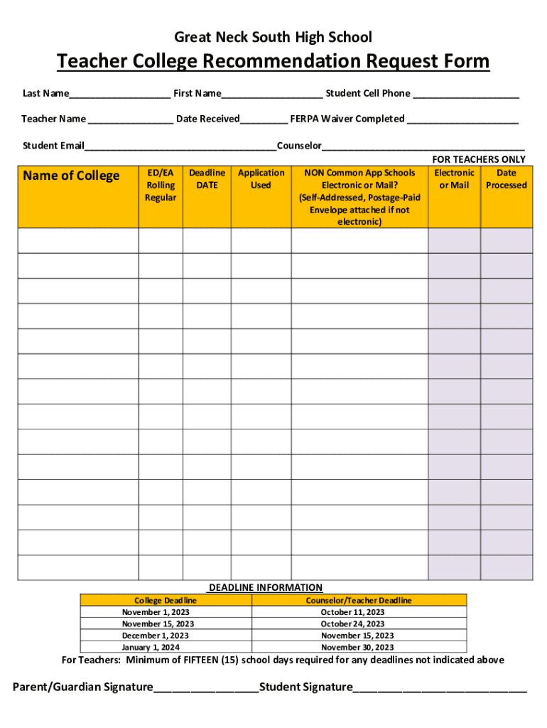 Fillable Online Teacher College Recommendation Request Form Fax Email ...