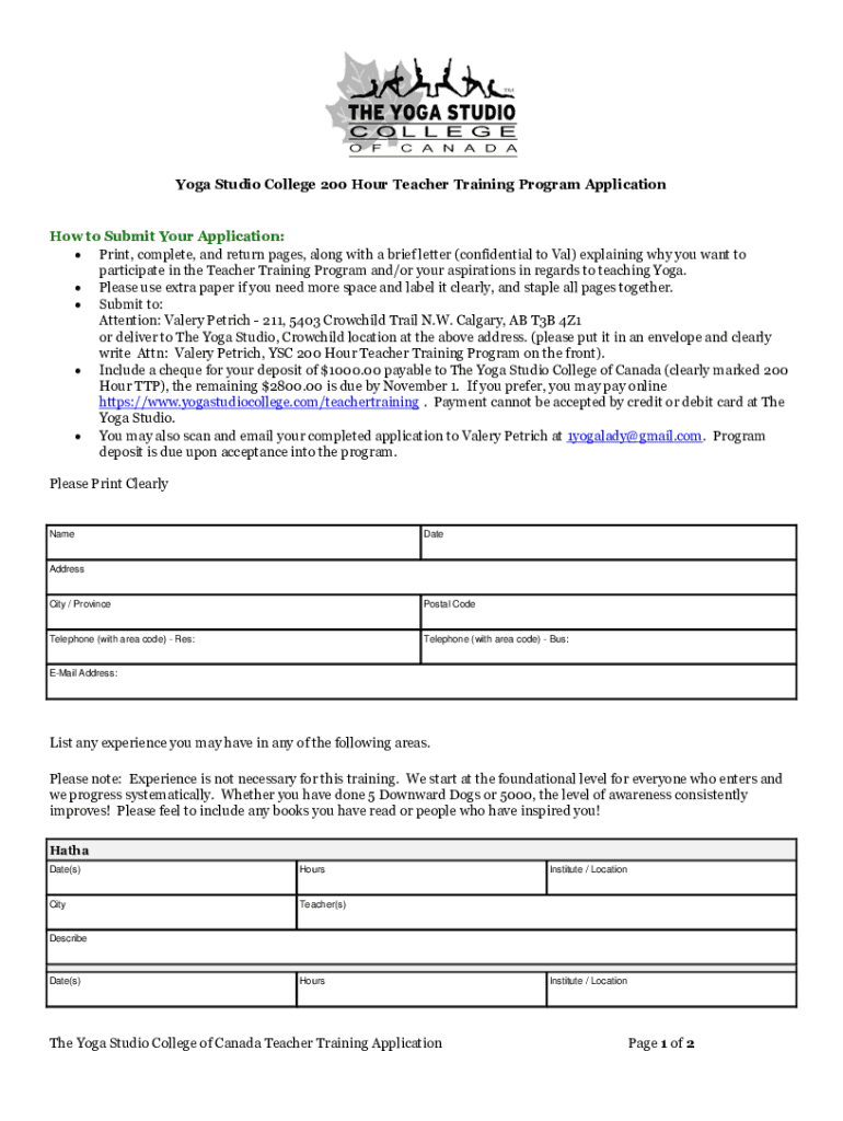 Fillable Online 200-HOUR TEACHER TRAINING APPLICATIONSol Full Yoga Fax ...