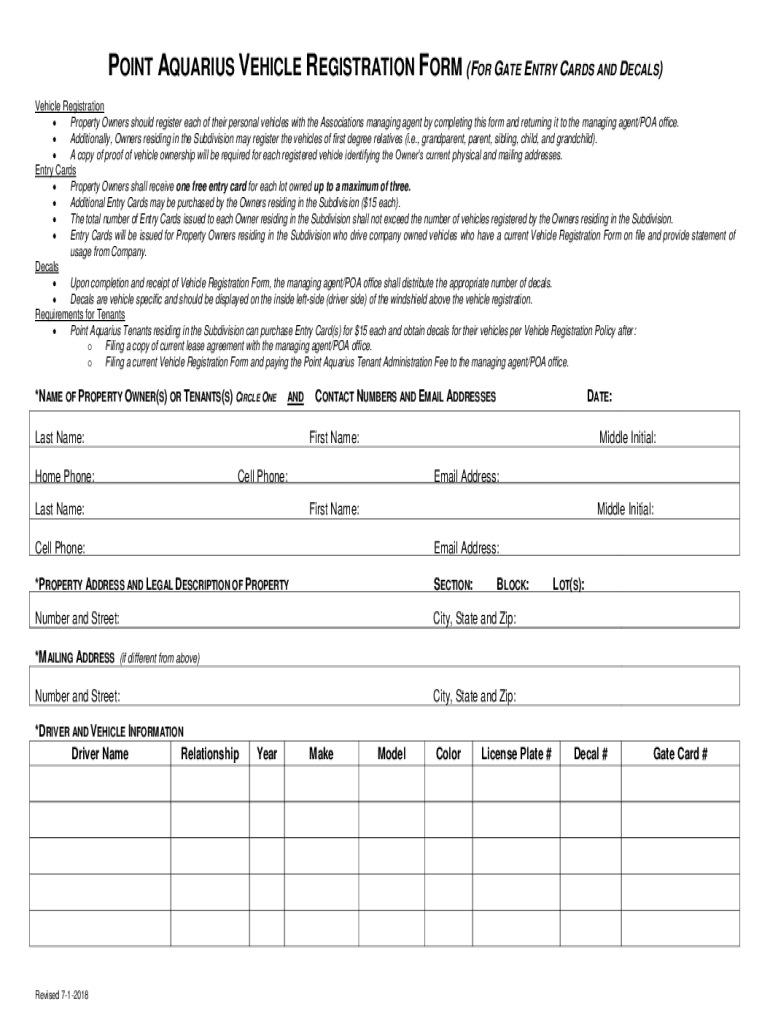 Fillable Online point aquarius vehicle registration form (for gate ...