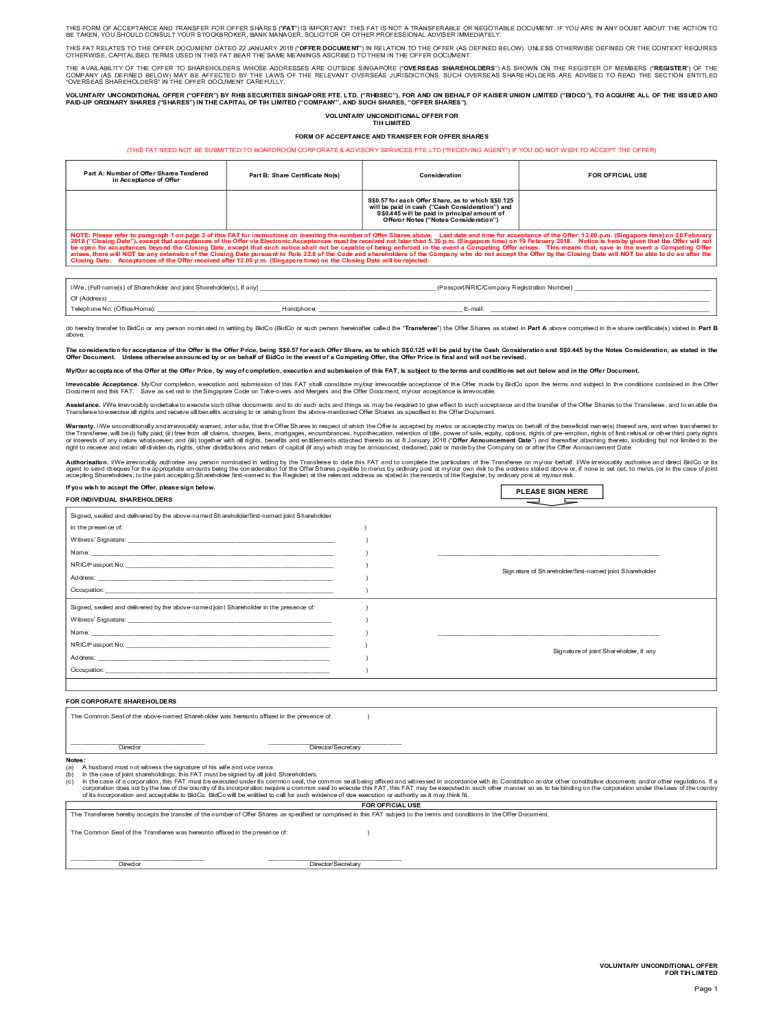 Fillable Online this form of acceptance and transfer for offer shares ...