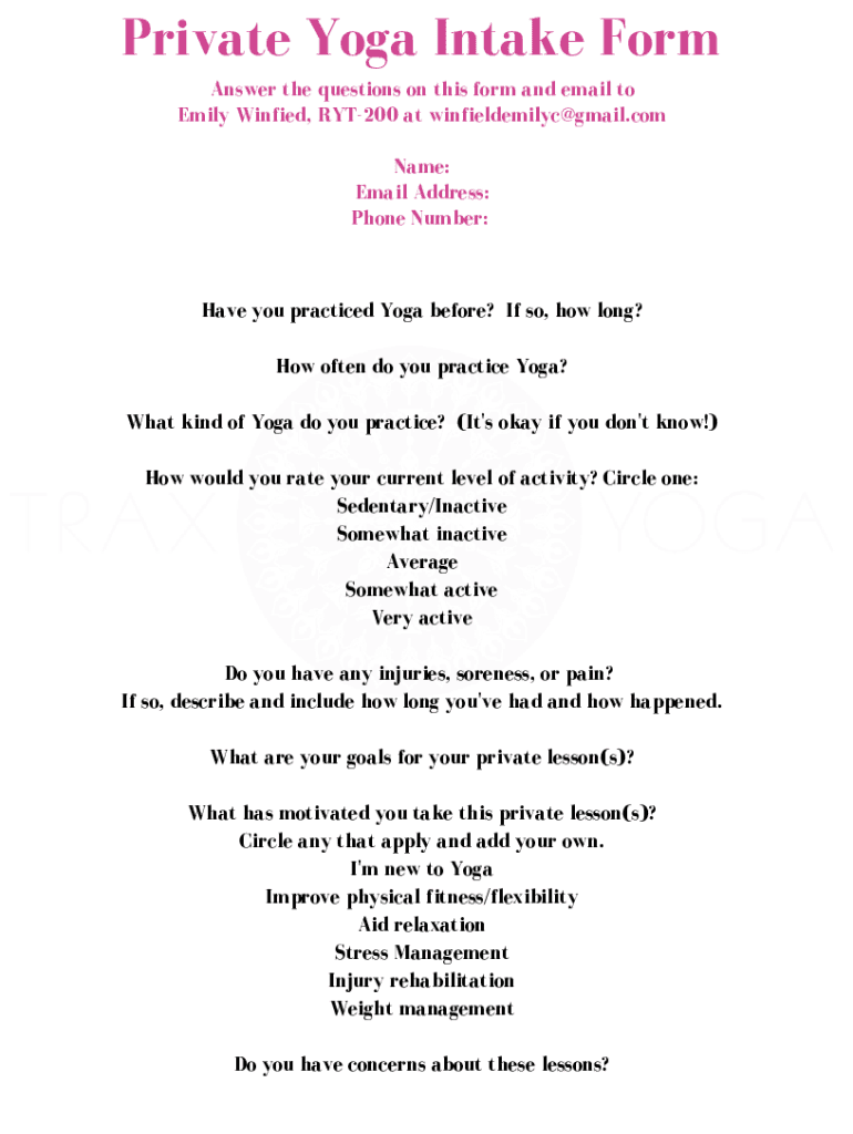 Fillable Online Private Yoga Intake Form Fax Email Print - pdfFiller