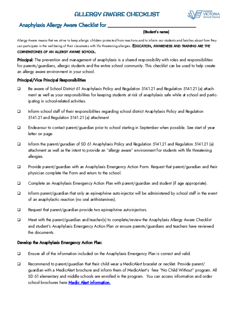 Fillable Online healthyschools sd61 bc Why it's important to be Allergy ...