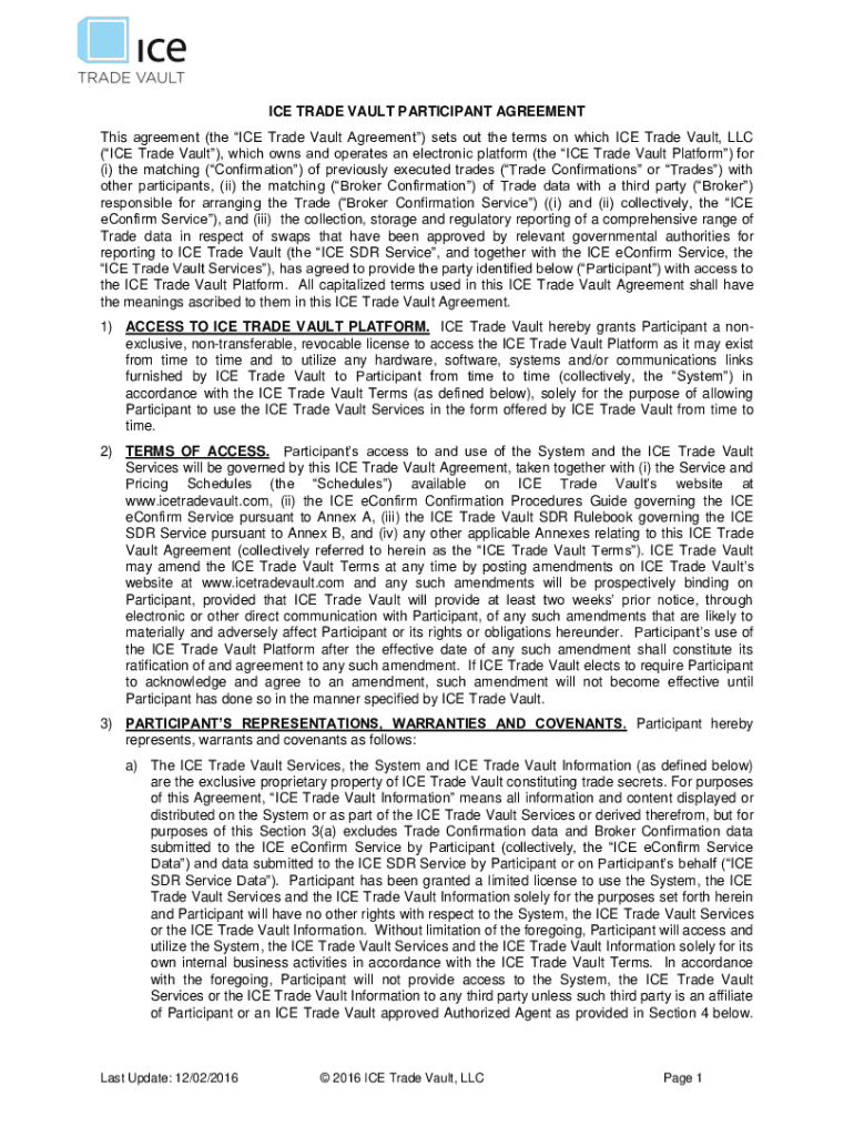 Fillable Online ICE TRADE VAULT PARTICIPANT AGREEMENT This ... Fax ...