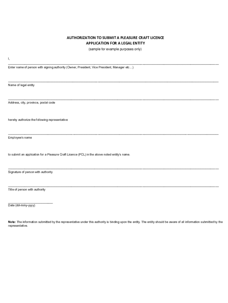 Fillable Online AUTHORIZATION TO SUBMIT A PLEASURE CRAFT LICENCE IN ...
