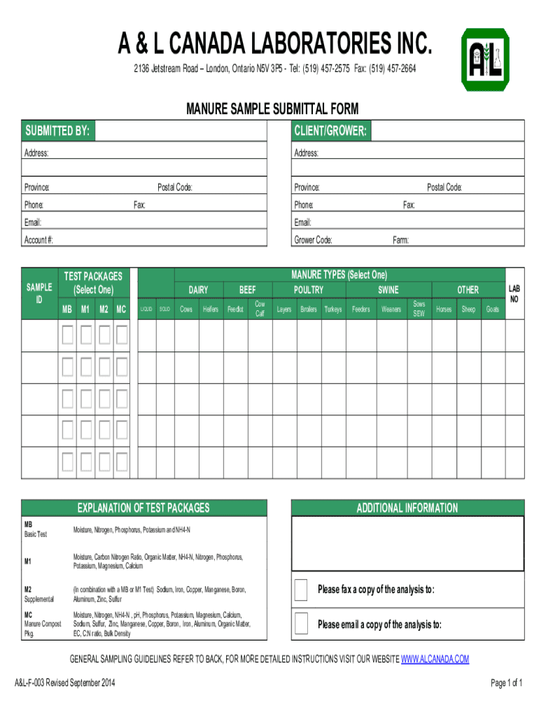 Fillable Online A&L Manure Sample Submittal Form Fax Email Print ...