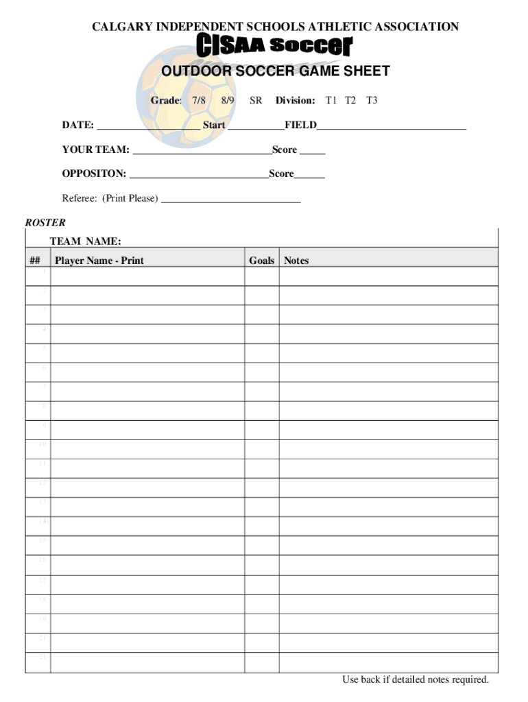 Fillable Online outdoor soccer game sheet Fax Email Print - pdfFiller
