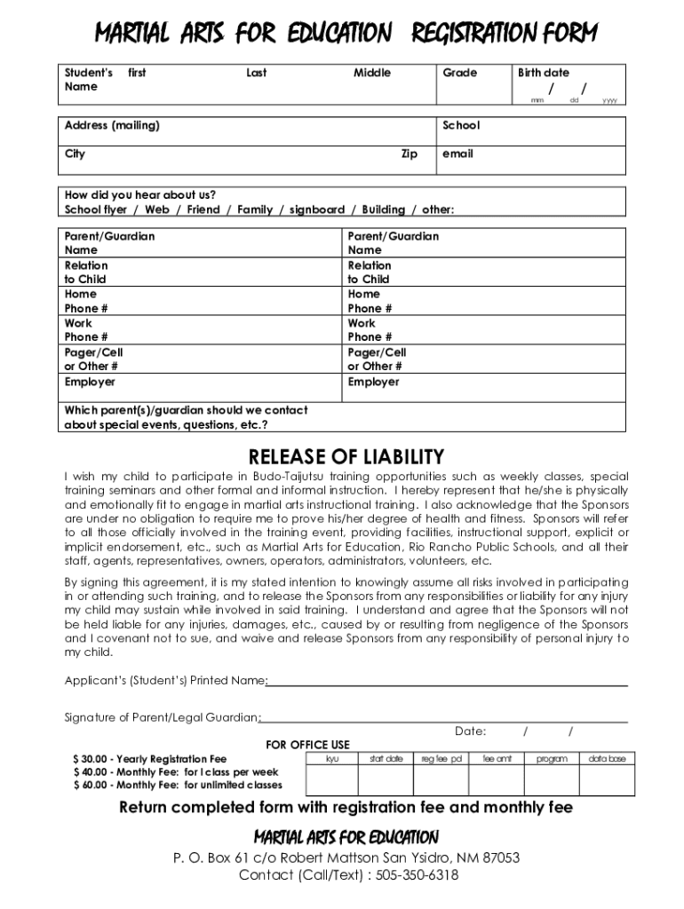 Fillable Online Martial Arts for Education Registration Form Fax Email ...