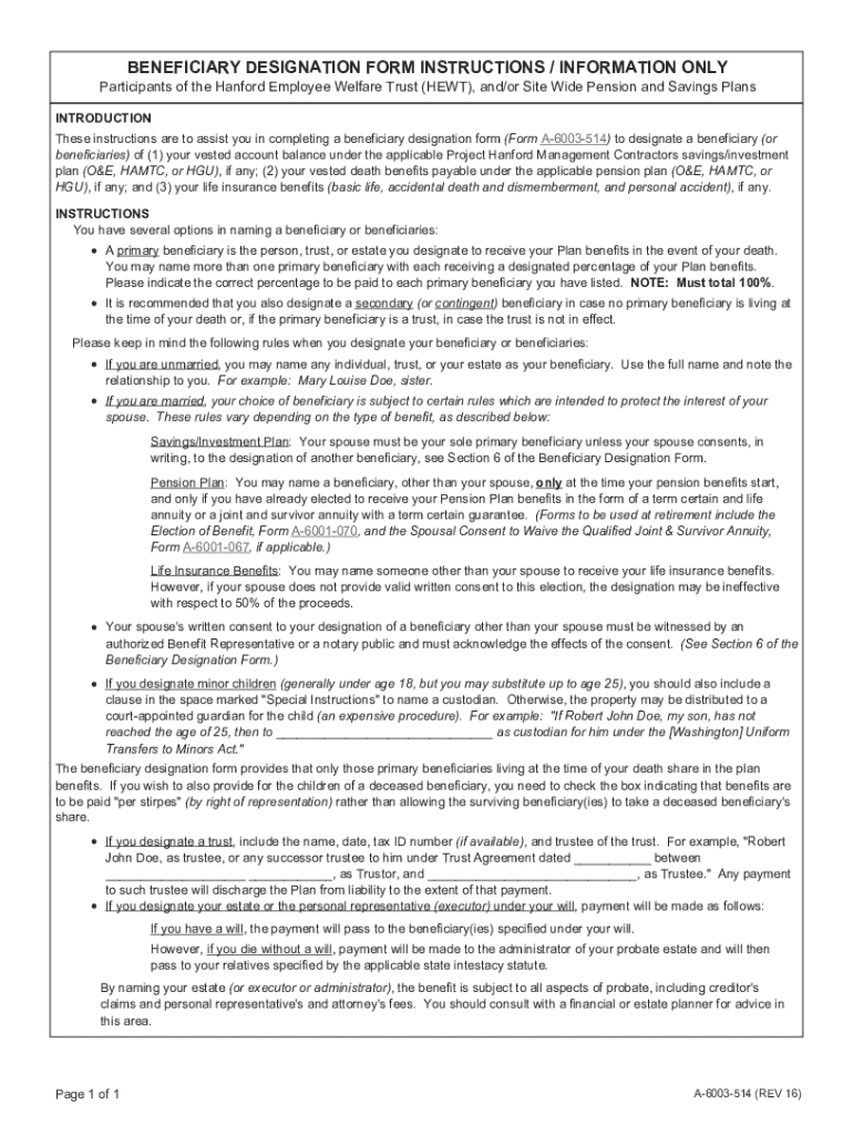 Fillable Online BENEFICIARY DESIGNATION FORM INSTRUCTIONS / ... Fax ...