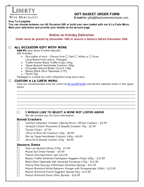 Fillable Online GIFT BASKET ORDER FORM Notice on Holiday Deliveries ...