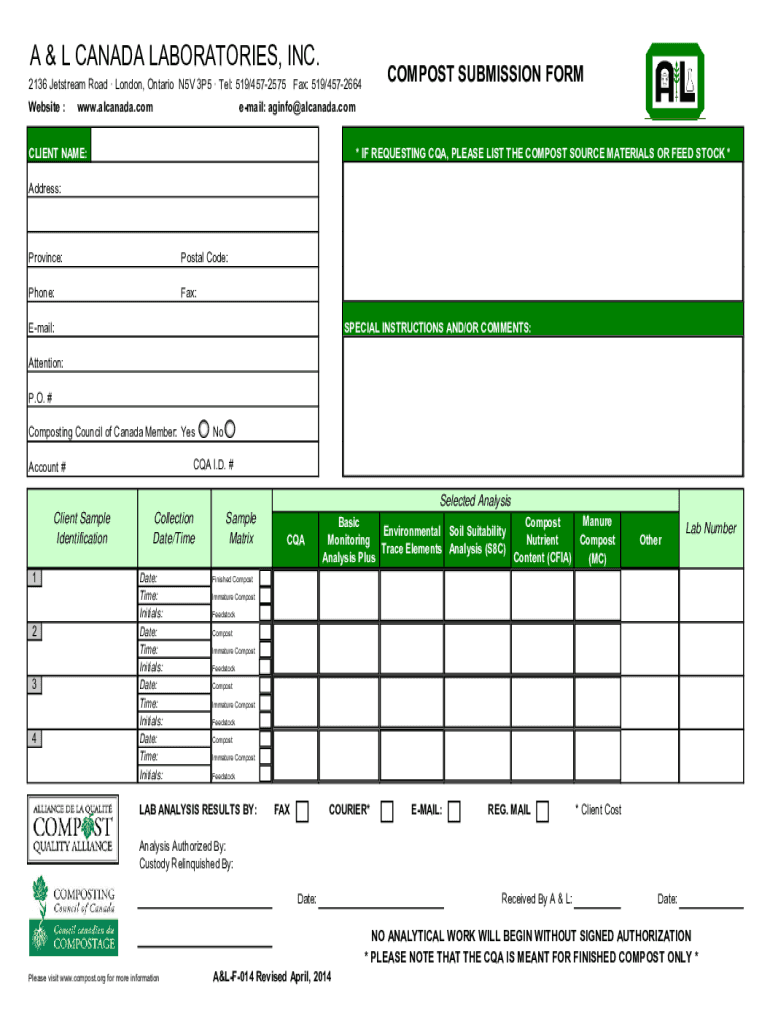 Fillable Online A&L Compost Submission Form. A&L Compost Submission ...