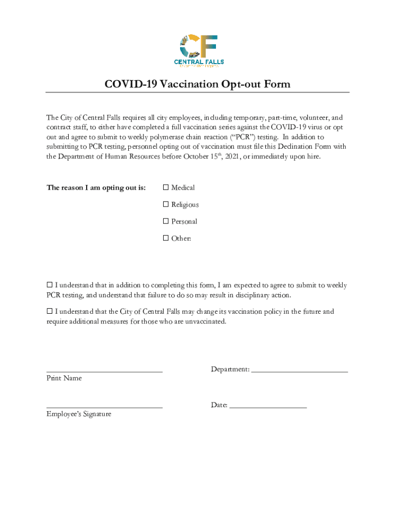 Fillable Online COVID-19 Vaccination Opt-out FormCentral Falls Fax ...
