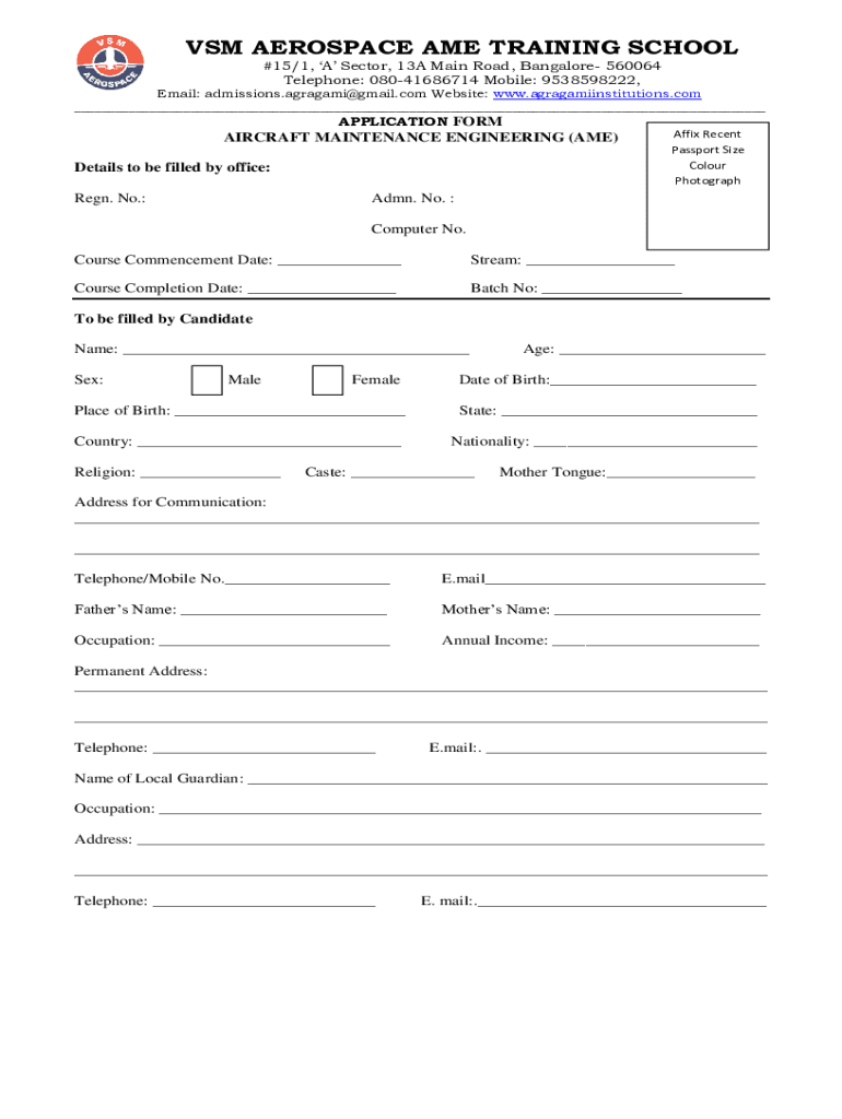 Fillable Online A.M.E. at VSM Institute of Aerospace Engineering and ...