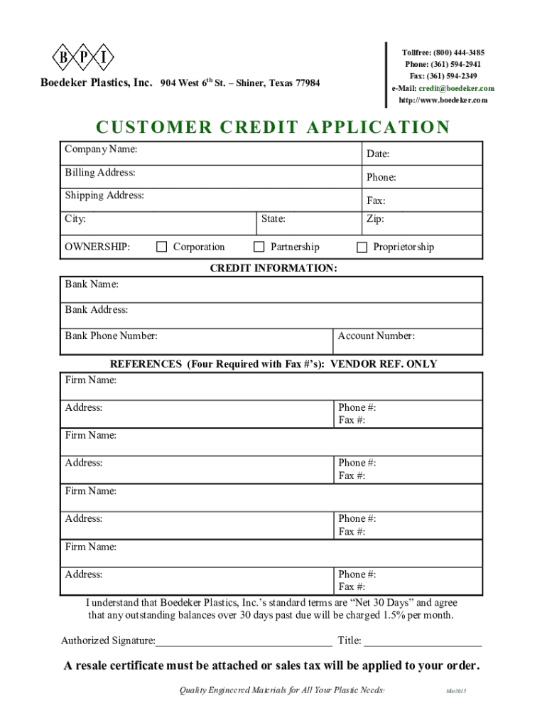 Fillable Online Boedeker Plastics Customer Credit Application. Customer Credit Application Fax ...