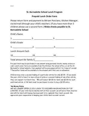 Fillable Online St. Bernadette School Lunch Program Prepaid Lunch Order ...
