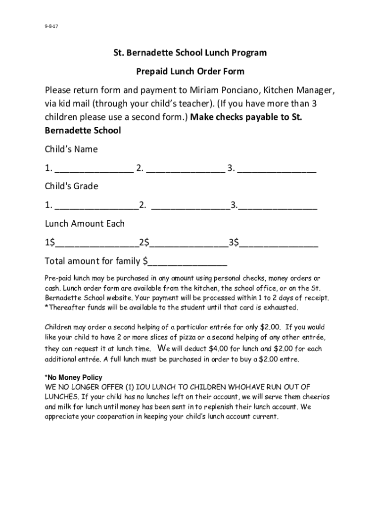 Fillable Online St. Bernadette School Lunch Program Prepaid Lunch Order ...